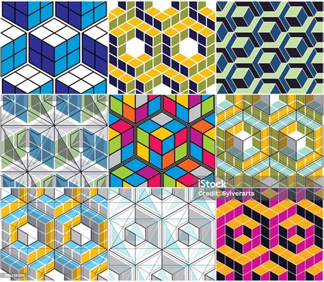 기하학적 3d 라인 원활한 패턴 집합 벡터 배경 큐브 컬렉션을 추상화합니다 기술 스타일 엔지니어링 라인 드로잉 끝 없는 다채로운 그림입니다 패브릭 벽지 포장에 대 한 사용