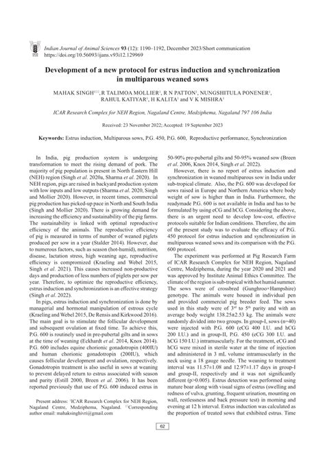 Pdf Development Of A New Protocol For Estrus Induction And Synchronization In Multiparous