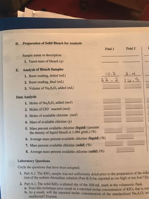 Experiment 29 Report Sheet Bleach Analysis Desk No