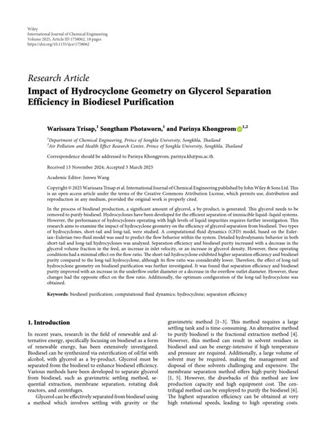Pdf Impact Of Hydrocyclone Geometry On Glycerol Separation Efficiency