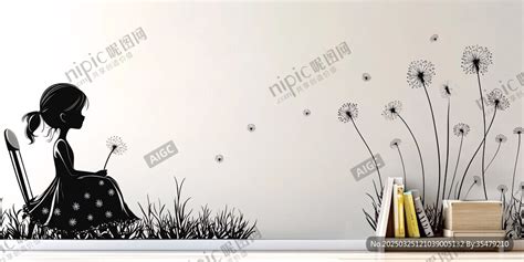 Ai创作图女孩 蒲公英 墙贴 装饰 椅子 书籍 插画 剪影 花草 梦幻 清新 唯美 童趣 室内 图案 昵图网