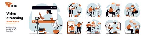 플랫 웹 디자인에 설정된 사람들 장면이 있는 비디오 스트리밍 개념 블로거와 함께 온라인 방송 팟캐스트 녹음 블로그 콘텐츠 제작과 함께 캐릭터 상황 번들 벡터 일러스트레이션