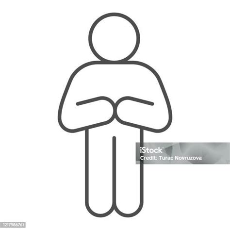 구걸하거나 사과하는 남자는 얇은 라인 아이콘을 포즈 흰색 배경에 접힌 팔을 가진 남자의 전면 포즈 윤곽 스타일 그림 모바일 개념 및 웹 디자인을 위해 포즈를 기도합니다 벡터