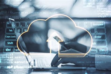 close up of male hands using laptop computer with glowing cloud
