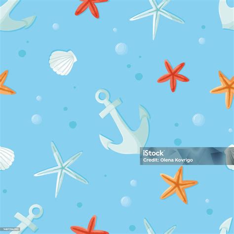 불가사리 조개껍데기 파란색 배경에 닻과 같은 손으로 그린 수중 요소가 있는 다채로운 이음매 없는 수중 패턴 패션 프린트 디자인 벡터 일러스트레이션 계절에 대한 스톡 벡터