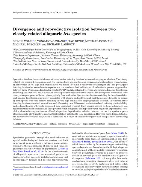 Pdf Divergence And Reproductive Isolation Between Two Closely Related Allopatric Iris Species