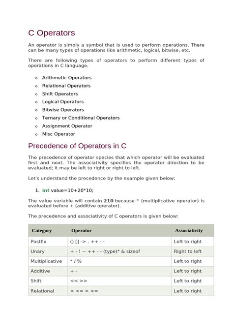 C Operators Pdf