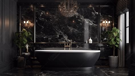 호화로운 욕실에서의 고급스러운 탈출 넓은 욕조와 우아한 검은 대리석 벽 장식을 보여주는 놀라운 3d 렌더링 대리 배경 놀라 배경 우아 배경 이미지 Hd 대리 놀라