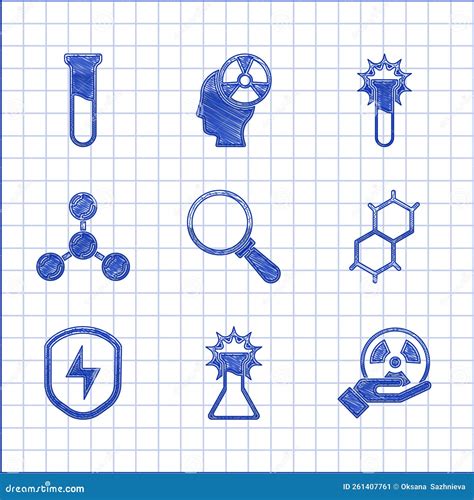 Set Magnifying Glass Test Tube And Flask Radioactive Chemical Formula Secure Shield With