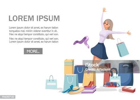 다채로운 쇼핑 종이 가방입니다 흰색 셔츠와 파란 치마에 행복 한 여자 만화 캐릭터 디자인입니다 전체 쇼핑백 할인 컨셉 옷 가방