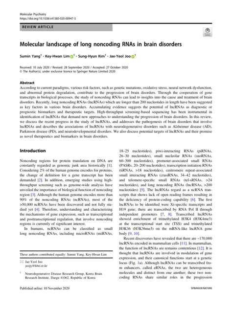 Molecular Landscape Of Long Noncoding Rnas In Brain Disorders Pdf