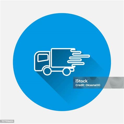 자동차가 고속으로 벡터 아이콘으로 가고 있습니다 파란색 배경에화물 물류 회사의 빠른 배달의 상징 긴 그림자가 있는 플랫