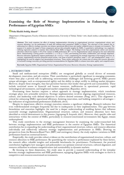 Pdf Examining The Role Of Strategy Implementation In Enhancing The Performance Of Egyptian Smes