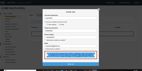 amazon web services aws cognito create new user giving unable to