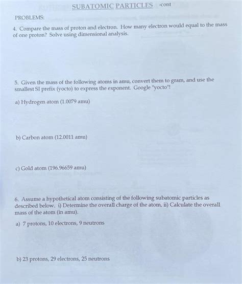 Solved Summary Of Subatomic Particles Compare The Mass Chegg