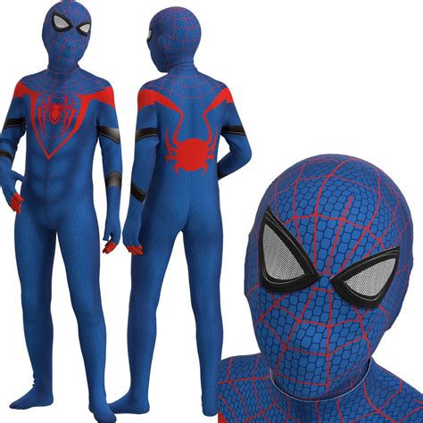 Spider Superhero Man Blue Costumes Cosplay Set Performance Costume Suit