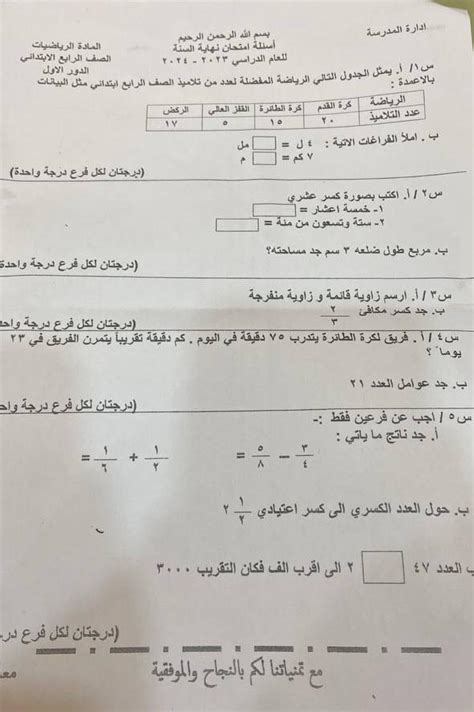 امتحان نهاية سنة في رياضيات صف رابع ابتدائي 2024 دور الاول عدد 19