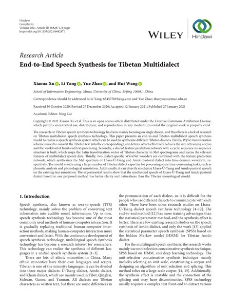 pdf end to end speech synthesis for tibetan multidialect