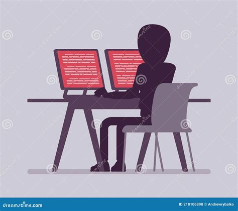 Anonymous Man With Hidden Face At Computer Stock Vector Illustration