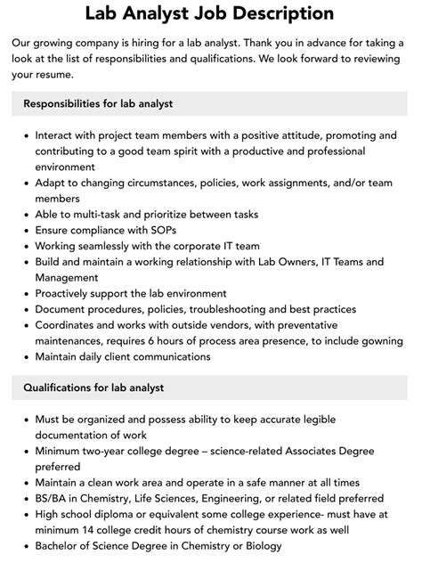 Lab Analyst Job Description Velvet Jobs