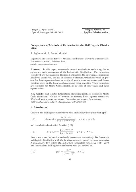 Pdf Comparisons Of Methods Of Estimation For The Half Logistic Distribution