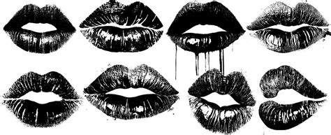 Set Of Black Lipstick Kiss Marks Grunge Silhouette Of Seductive Female