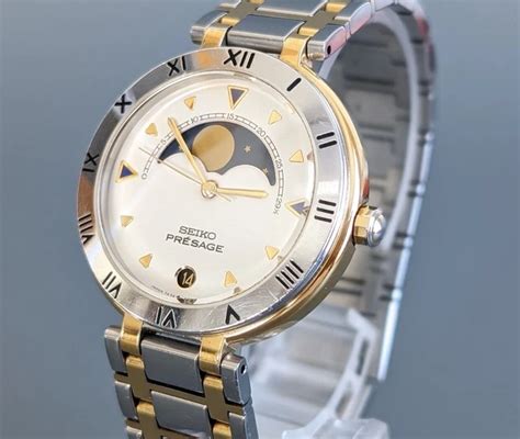Seiko Presage Moon Phase 7434 6030 Silver Automatic Mens Watch Vintage
