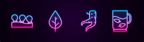 세트 라인 진공 캔 잎 생강 뿌리와 차와 잎 한 잔 빛나는 네온 아이콘 벡터 건강관리와 의술에 대한 스톡 벡터 아트 및 기타