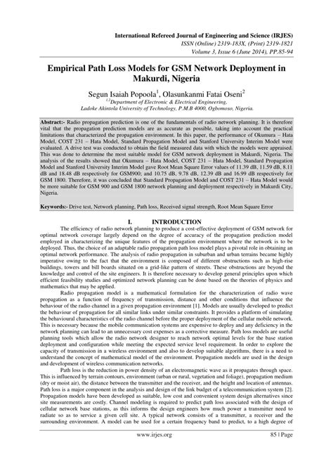 Pdf Empirical Path Loss Models For Gsm Network Deployment In Makurdi Nigeria