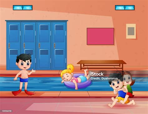 실내 수영장에서 즐거운 시간을 보내는 아이들의 일러스트 개념에 대한 스톡 벡터 아트 및 기타 이미지 개념 개념과 주제 건강한 생활방식 Istock