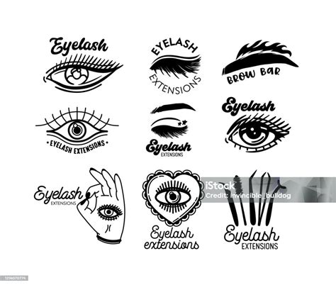속눈썹 확장을위한 흑백 아이콘 세트 눈썹 바 서비스 긴 속눈썹과 검은 색과 흰색 눈 악기 기호를 구성 뷰티 살롱 선형 징후 벡터 일러스트레이션 클립 아트 눈 신체 부분에