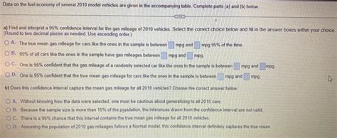 Solved Table Of Mpg Valuesa Find And Interpret A 95 Chegg Com
