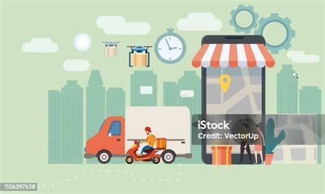 개념 배달 서비스 방문입니다 배달 트럭 스쿠터 무인 항공기 스마트폰 구매자에 방법에 간다 서비스 인터넷 배달 아이디어 벡터 삽화 애니메이션 모바일 응용 프로그램 웹 사이트
