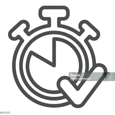 스톱워치 타이머 및 체크 표시 라인 아이콘 프로젝트 일정 개념 벡터 그래픽입니다 흰색 배경에 작업 완료 성공 표시가 있는 시계