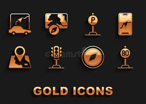 Set Traffic Light City Map Navigation Speed Limit Traffic Compass