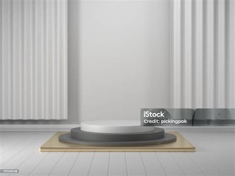 3d 렌더링 추상 기하학적 배경 원통 연단 최소한의 원시 적 모양 현대 모형 빈 템플릿 금 금속 그리드 메쉬 빈 쇼케이스 상점 디스플레이 가정의 방에 대한 스톡 사진 및