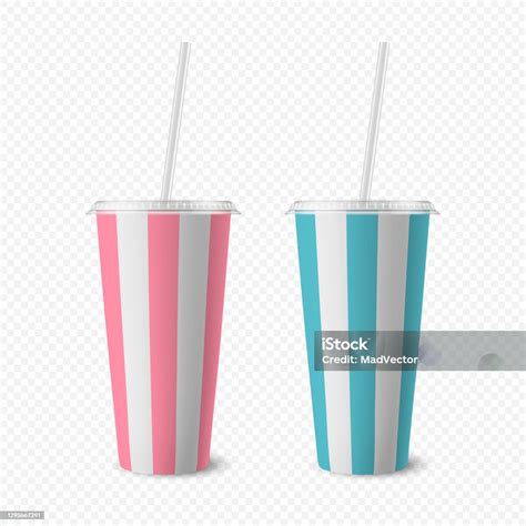 벡터 3d 사실적 줄무늬 백서 일회용 컵 세트 뚜껑 음료용 빨대 음료 분리 음료 커피 소다 차 칵테일 밀크쉐이크 모형을 위한 포장의 디자인 템플릿 전면 보기 3차원 형태에