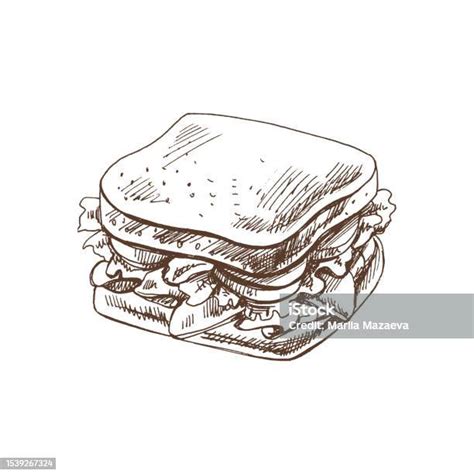 야채 치즈 고기가 있는 샌드위치 조각의 손으로 그린 벡터 스케치 낙서 빈티지 그림입니다 카페 및 레이블 메뉴 장식 새겨진 Immmage 샌드위치 음식에 대한 스톡 벡터 아트