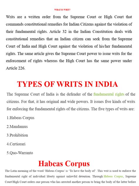 Types Of Writs Pdf Habeas Corpus Writ