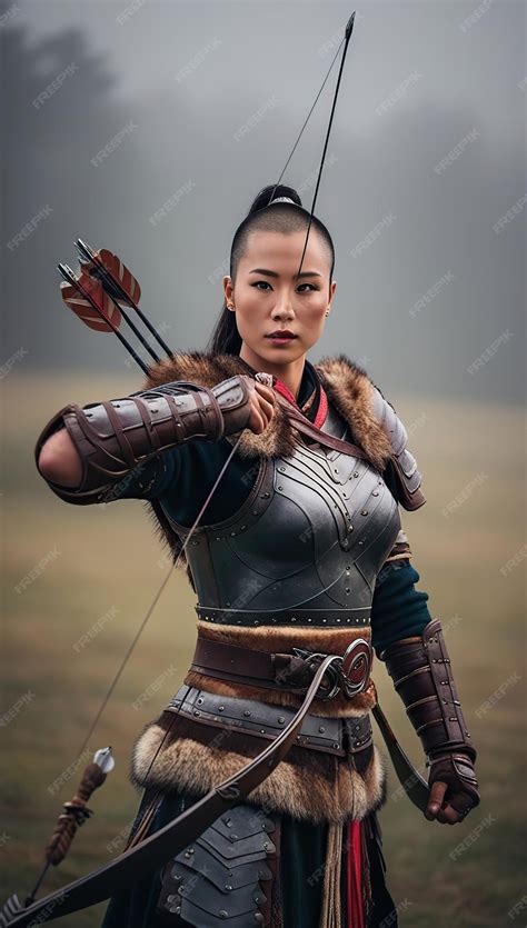 Muscled Female Mongol Warrior With A Shaved Head And Furlined Armor