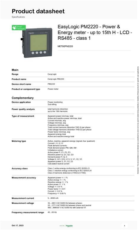 Metsepm2220 Energy And Power Meter Pm2220 Vaf P And E Rs485 15thhar Cl1 Schneider Egy Volt