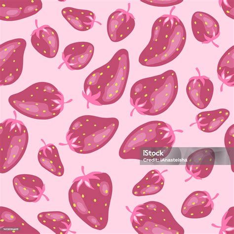 딸기 패턴 손으로 그린 여름 딸기 분홍색과 빨간 과일 직물 인쇄 컬러 만화 일러스트레이션으로 좋은 다채로운 원활한 벡터 패턴 개념에 대한 스톡 벡터 아트 및 기타 이미지