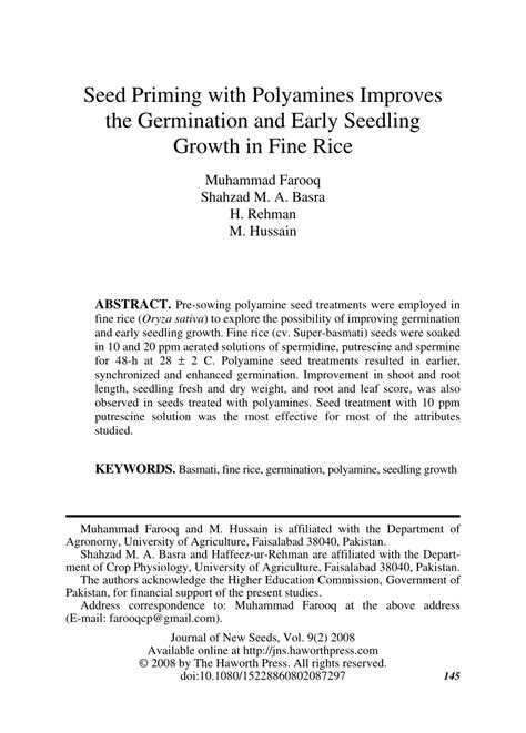 Pdf Seed Priming With Polyamines Improves The Germination And Early