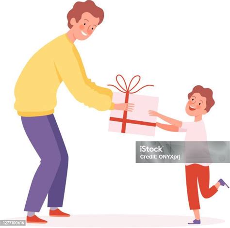 아버지 시간 남자 는 아들 행복한 소년과 남성에게 선물을주고 형제 생일 놀라움 또는 선물 벡터 일러스트레이션 벡터에 대한 스톡