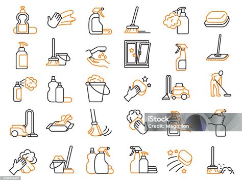 가정용 청소 도구 및 제품 아이콘 검은 색과 주황색으로 설정 편집 가능한 스트로크 벡터 일러스트 레이 션 아이콘에 대한 스톡