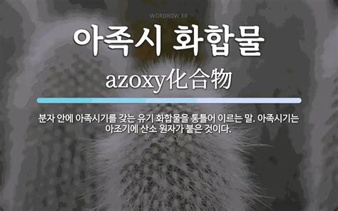 아족시 화합물 뜻 분자 안에 아족시기를 갖는 유기 화합물을 통틀어 이르는 말 아족시기는 아조기에 산소 원자