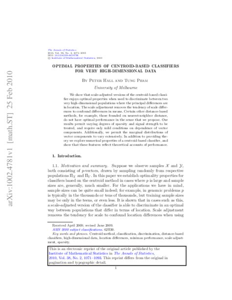 Pdf Optimal Properties Of Centroid Based Classifiers For Very High