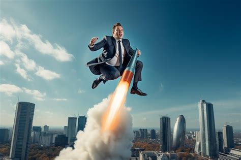 Businessman Flying On Rocket Up To Sky Premium Ai Generated Image