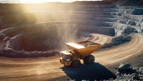 Loaded Haul Truck Transport From Open Pit Mining Quarry Yellow Truck In Coal Open Cast Mine