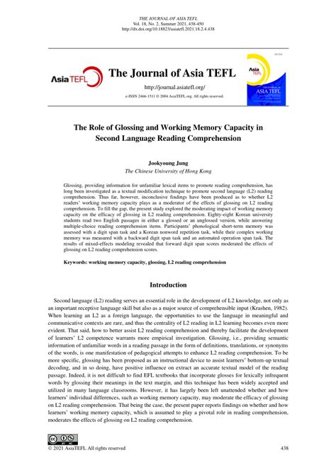 Pdf The Role Of Glossing And Working Memory Capacity In Second Language Reading Comprehension